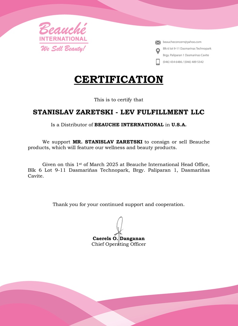 CERTIFICATION – Beauche International – USA Official Distributor